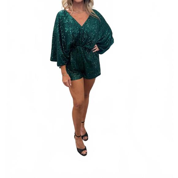 Aakaa | Pants & Jumpsuits | New Aakaa Sequin Romper In Emerald | Poshmark